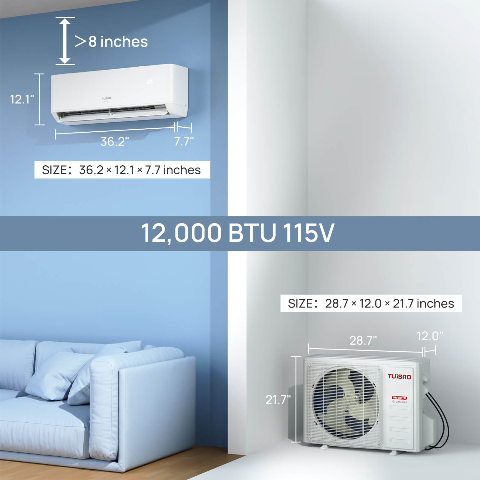 TURBRO 12000 BTU Ductless Mini Split AC with WiFi, Inverter System and ...