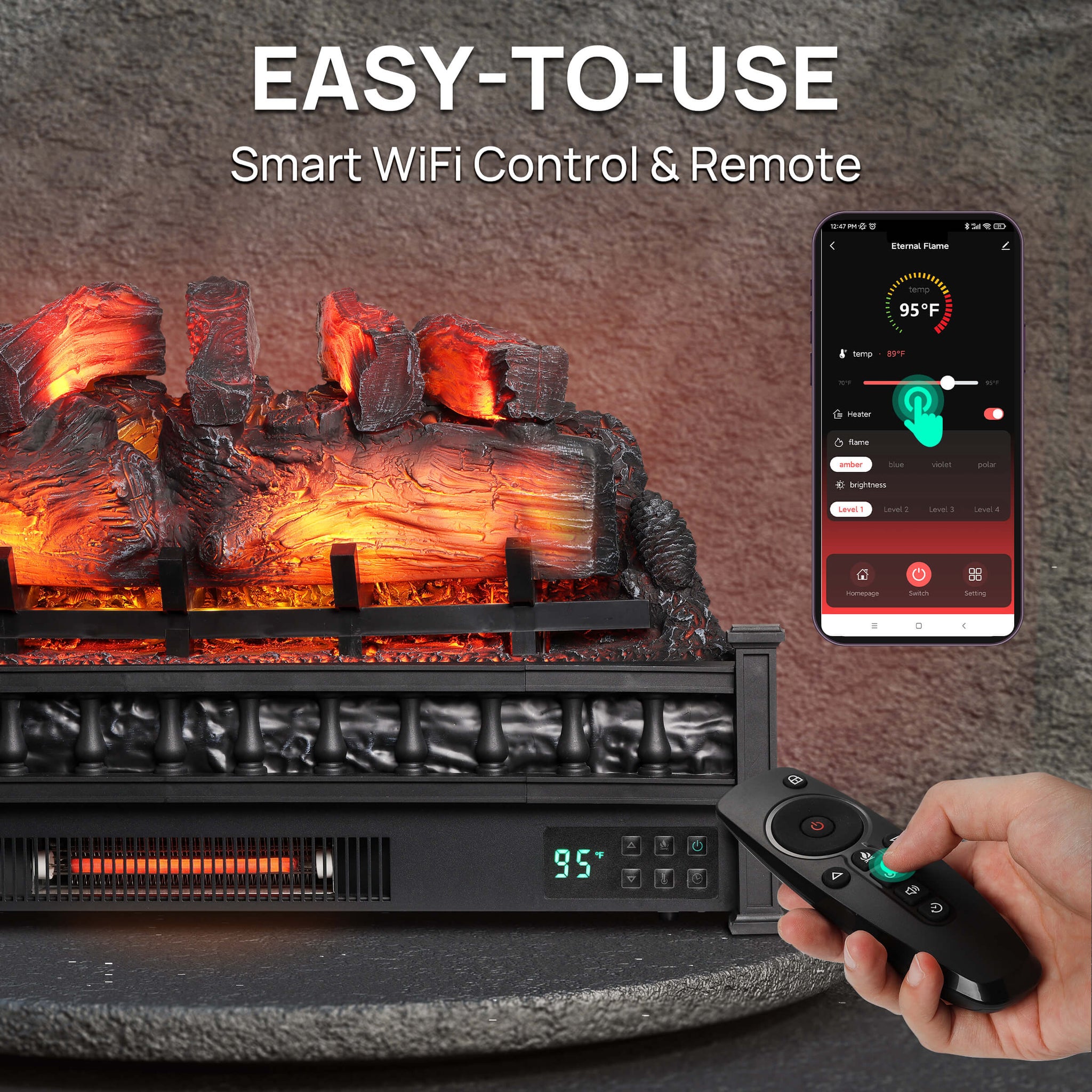 TURBRO Eternal Flame EF30-PB Electric Fireplace Insert Logs Heater ...
