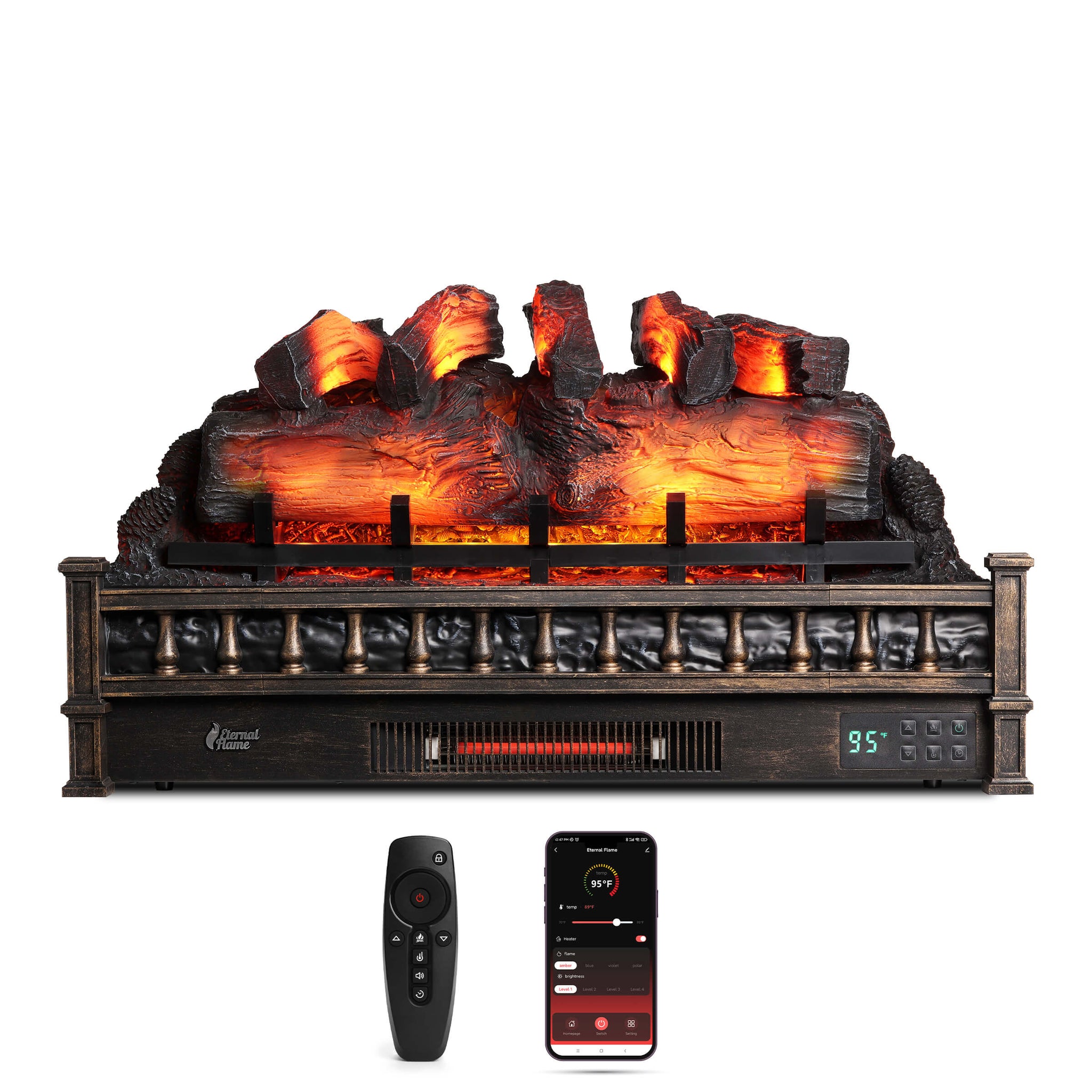 TURBRO Eternal Flame EF30-PB Electric Fireplace Insert Logs Heater ...