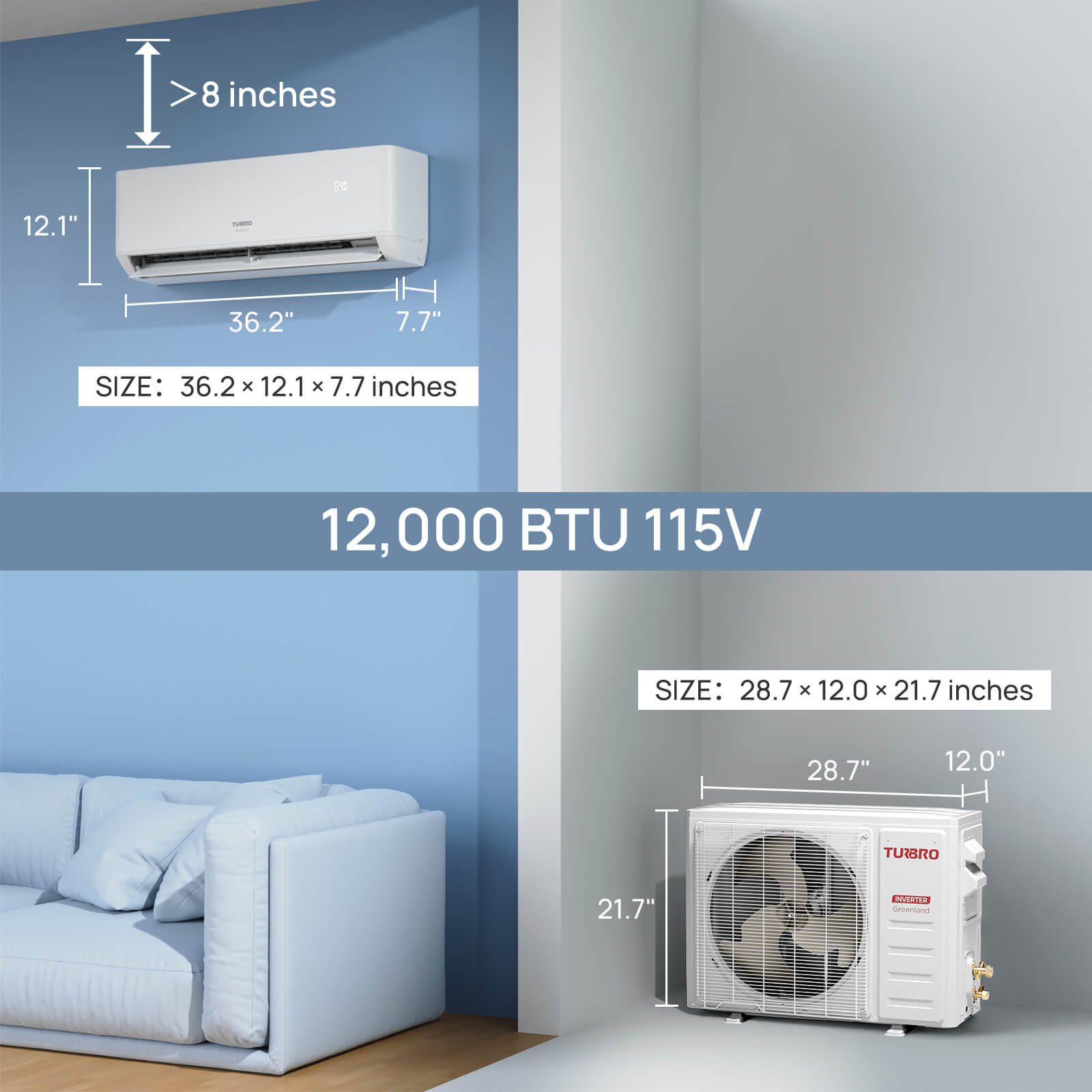 TURBRO 12000 BTU Ductless Mini Split AC with WiFi, Inverter System and ...