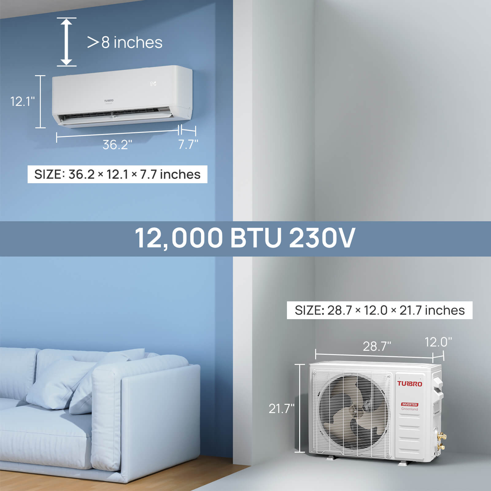 TURBRO 12000 BTU Ductless Mini Split AC with WiFi, Inverter System and ...